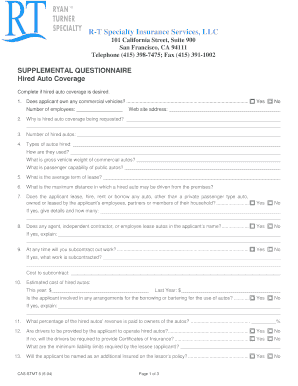 Fillable Online RT Specialty Hired Auto Coverage Supplemental ...