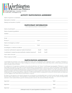 Fillable Online worthingtoncc ACTIVITY PARTICIPATION AGREEMENT PARTICIPANT INFORMATION ...