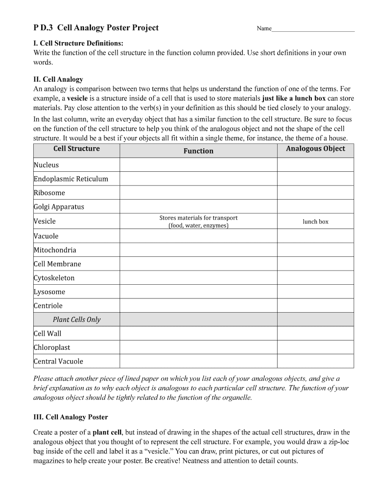 Fillable Online P D.3 Cell Analogy Poster Project - Blue Devil Chem Fax ...
