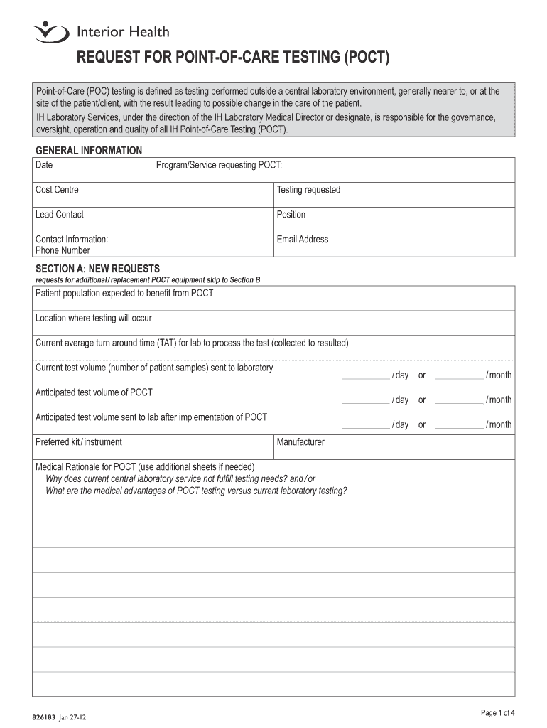 Fillable Online IH POCT bRequest Formb - Interior Health Authority Fax ...