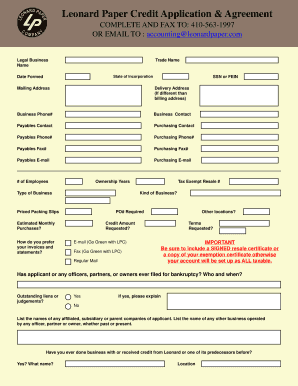 Fillable Online Leonard Paper Credit Application & Agreement Fax Email ...