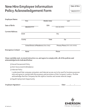 Fillable Online BNew Hire Employeeb Information Policy Acknowledgement ...