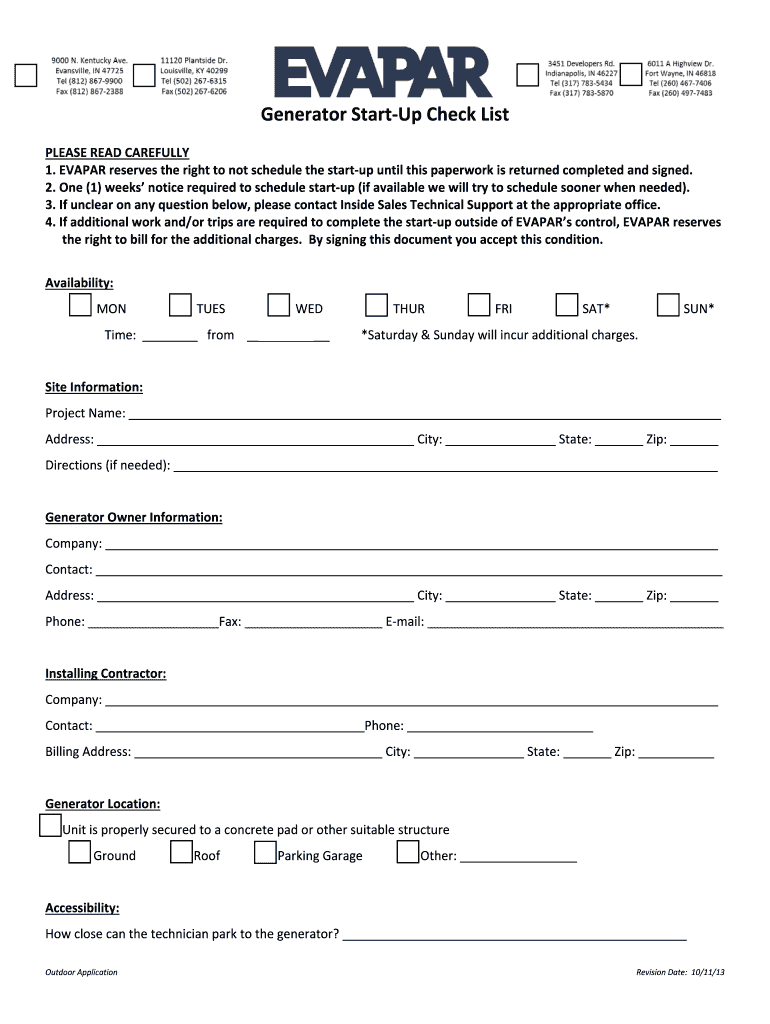 Fillable Online Generator Start-Up Check List - OUTDOOR Fax Email Print ...