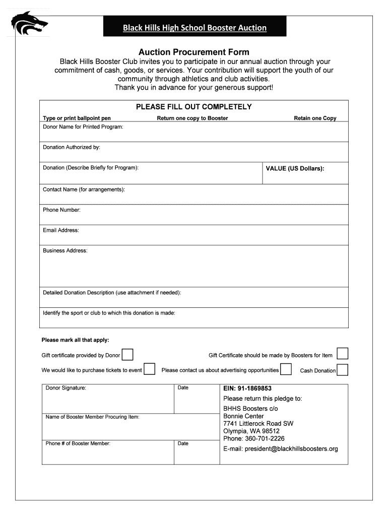 Fillable Online blackhillsboosters Auction Procurement Form - Black ...
