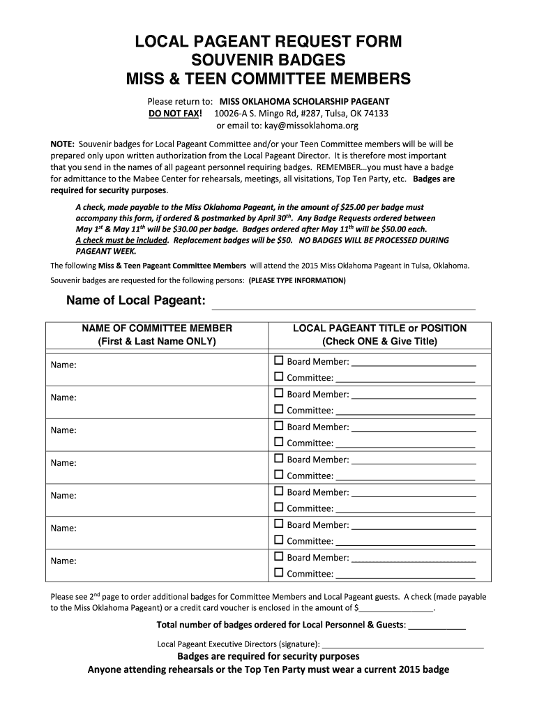 Fillable Online missoklahomateen Local Pageant Family Badge Forms Fax ...