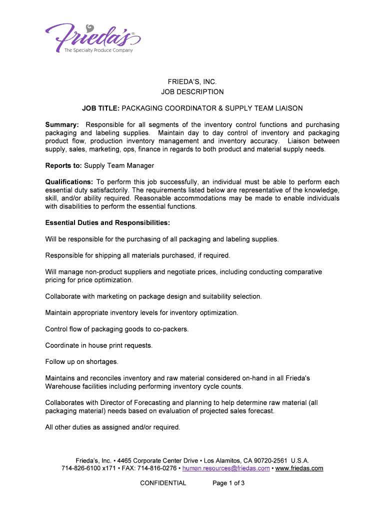 Fillable Online Packaging Coordinator and Supply Team Liaison ...