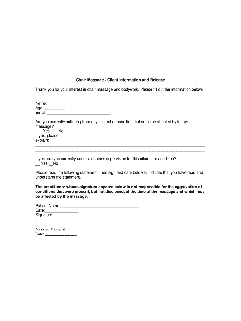 Chair Massage Client Information and Release - Blank Fillable Template ...