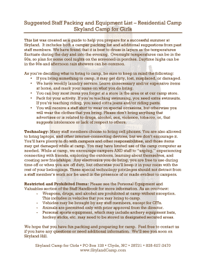 Fillable Online Suggested Staff Packing and Equipment List Residential ...