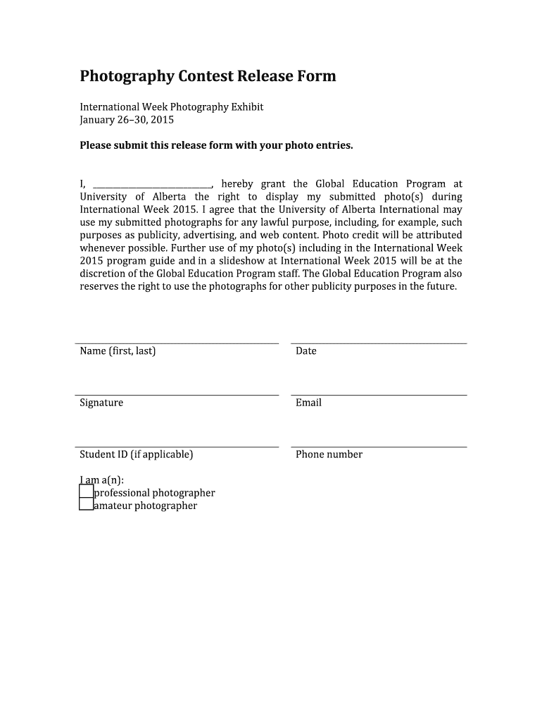 Fillable Online globaled ualberta Photography Contest Release Form ...