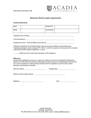 Fillable Online residencelife acadiau Application form for WWL 2014 ...