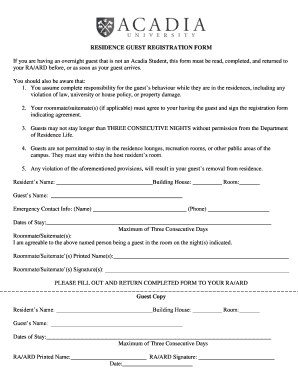 Fillable Online residencelife acadiau RESIDENCE GUEST REGISTRATION FORM ...