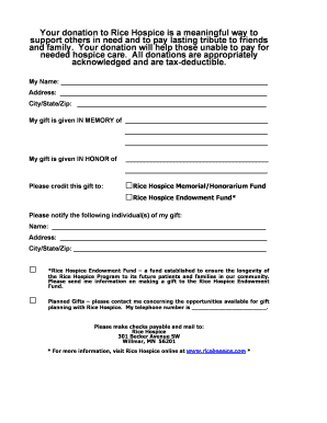 Fillable Online Hospice Donation Form (PDF) - Rice Hospice Fax Email ...