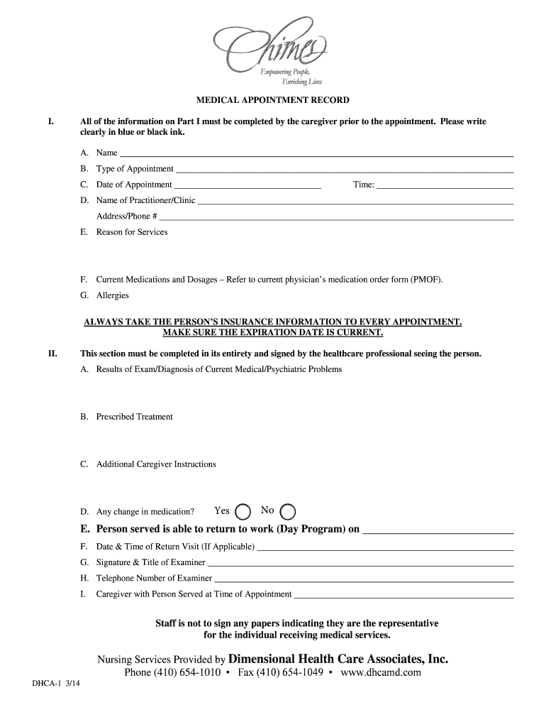 Fillable Online DHCA-1 Medical Appointment Record (Fillable) - Chimes ...