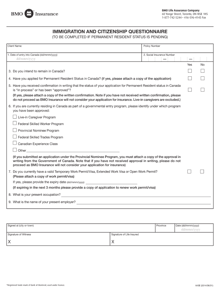 Fillable Online Immigration and Citizenship Questionnaire 643E - BMO ...