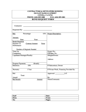 Fillable Online Bond Request Form - Contractors and Developers Bonding ...