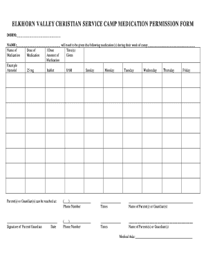 Fillable Online ELKHORN VALLEY CHRISTIAN SERVICE CAMP MEDICATION ...