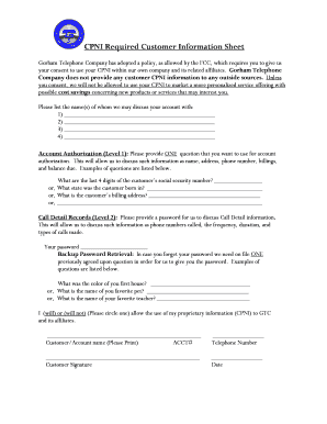 Fillable Online CPNI Required Customer Information Sheet Fax Email ...