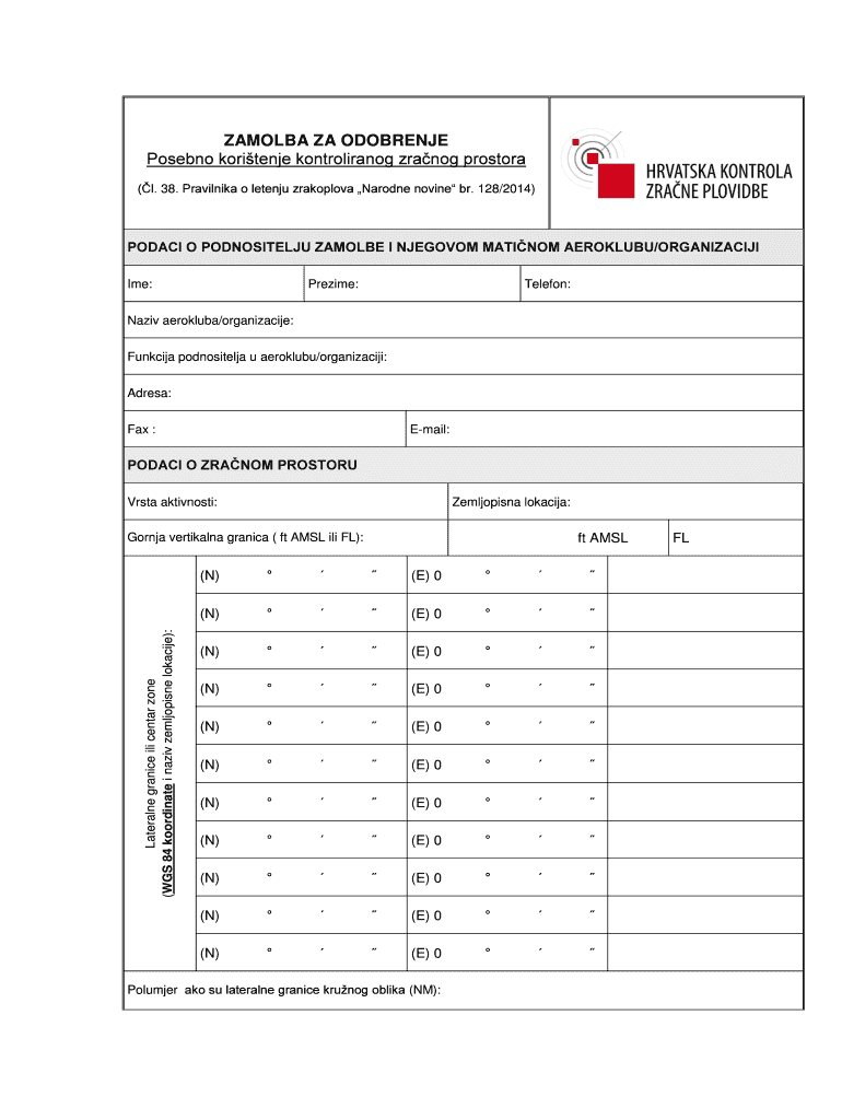 Fillable Online crocontrol ZAMOLBA ZA ODOBRENJE Posebno koritenje ...