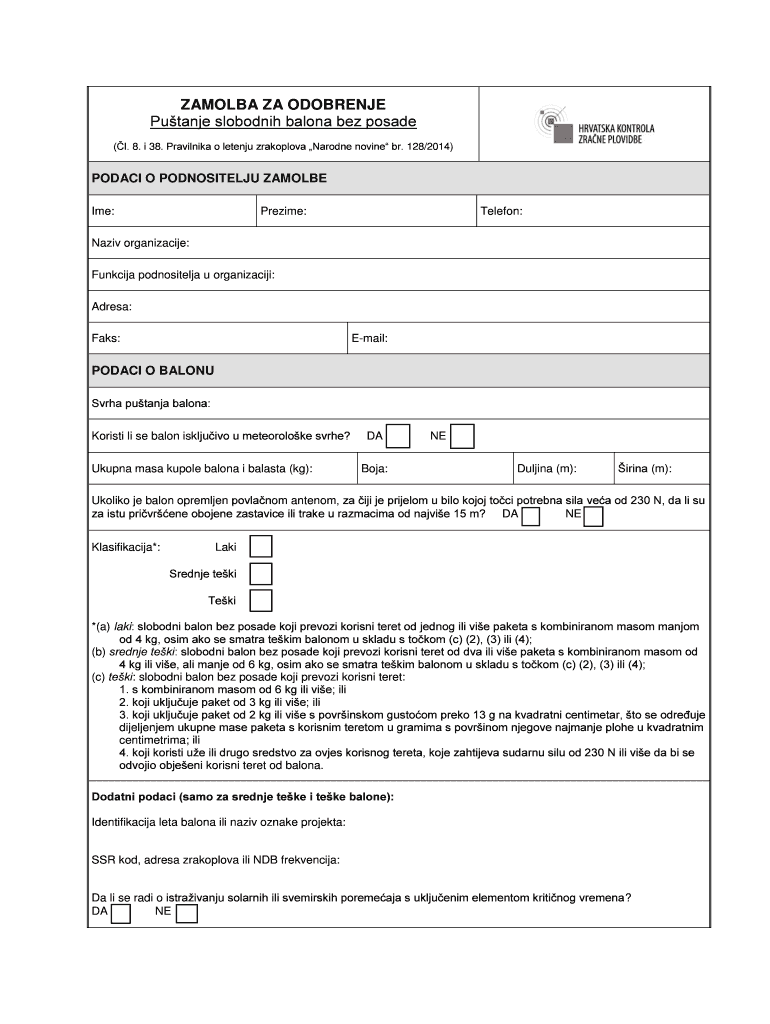 Fillable Online crocontrol ZAMOLBA ZA ODOBRENJE Putanje slobodnih ...