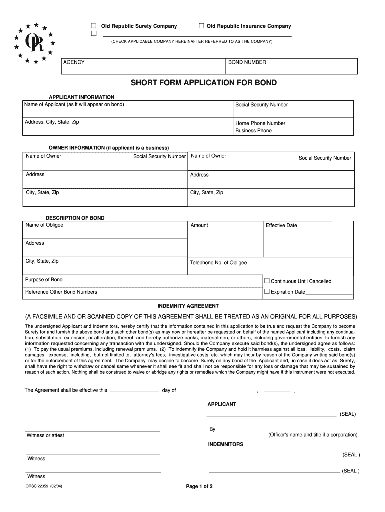 Fillable Online SHORT FORM APPLICATION FOR BOND - Sanguinetti amp Co Fax Email Print - pdfFiller