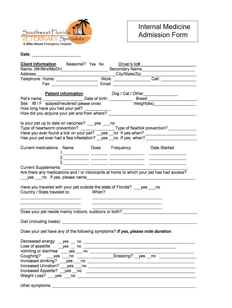 Fillable Online Internal Medicine Admission Form Fax Email Print ...