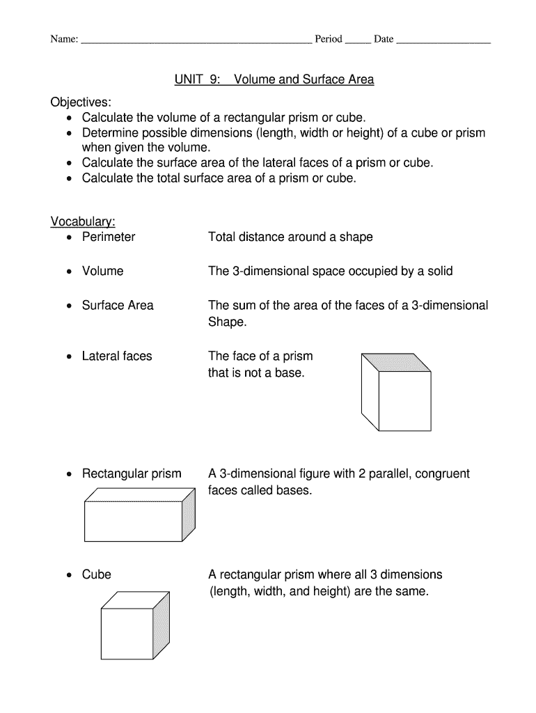 Fillable Online UNIT 9 Volume and Surface Area Objectives Calculate the ...