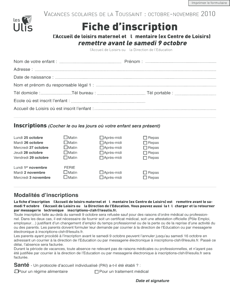 Remplissable En Ligne lesulis Vacances scolaires de la Fiche dinscription - lesulisfr Fax Email ...