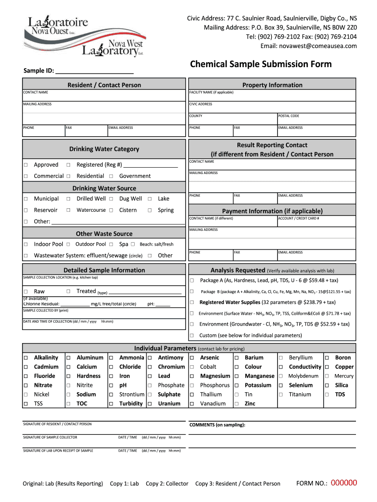 Fillable Online Chemical Sample Submission Form - bcomeauseabbcomb Fax ...