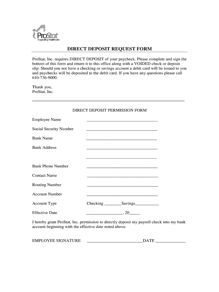 Fillable Online DIRECT DEPOSIT REQUEST FORM - bprostathealthcarebbcomb Fax Email Print - pdfFiller