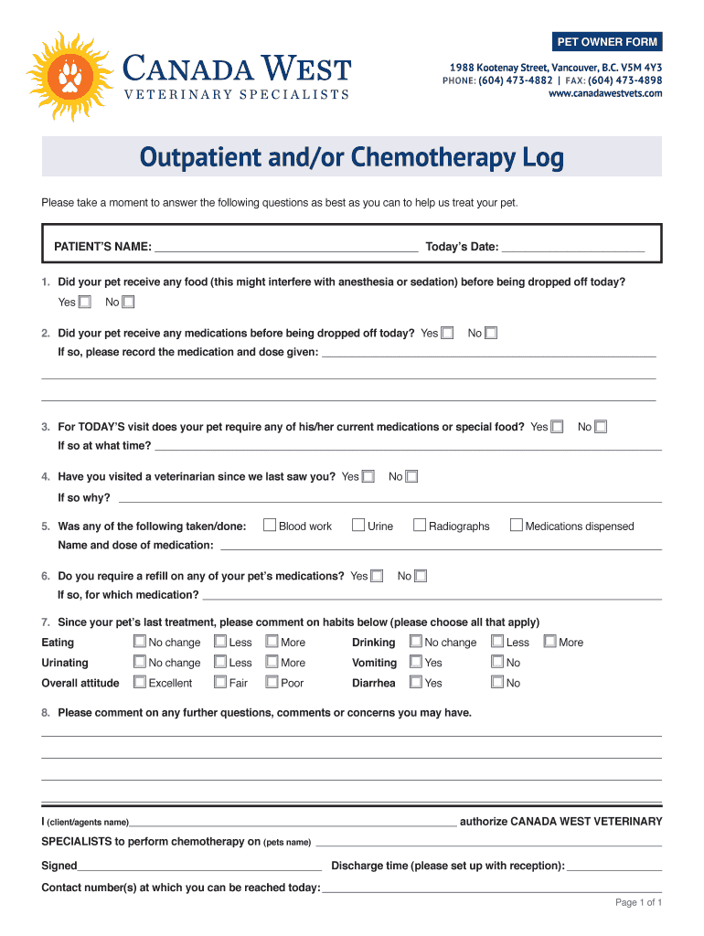 Fillable Online Outpatient andor Chemotherapy Log Form Fax Email Print ...