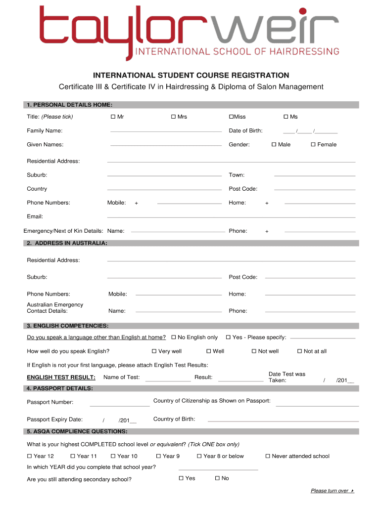 Fillable Online INTERNATIONAL STUDENT COURSE REGISTRATION Fax Email ...
