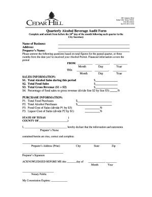 Fillable Online Quartlery Alcohol Beverage Audit Form - Cedar Fax Email ...