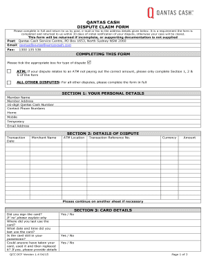 Fillable Online QANTAS CASH DISPUTE CLAIM FORM Fax Email Print - pdfFiller