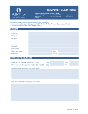 Fillable Online argus Computer Claim Form - bArgusb Fax Email Print ...