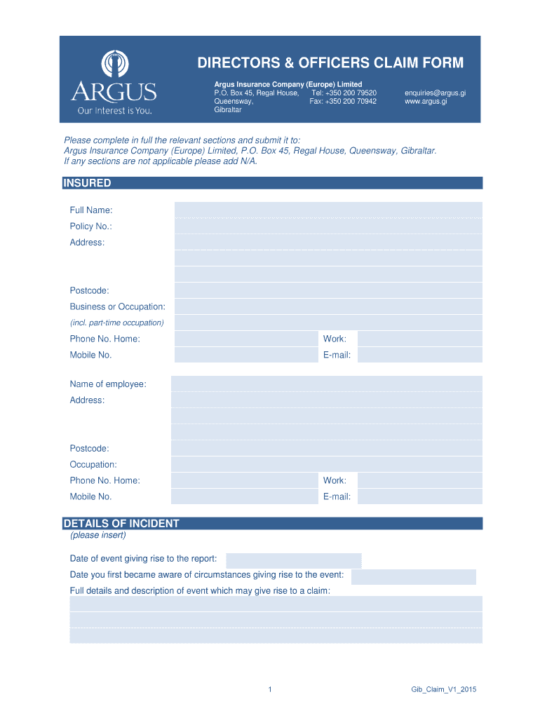 Fillable Online argus Directors amp Officers Liability Claim Form Fax ...