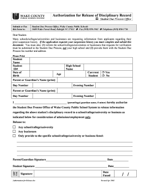 Fillable Online Authorization for Release of Disciplinary Record ...