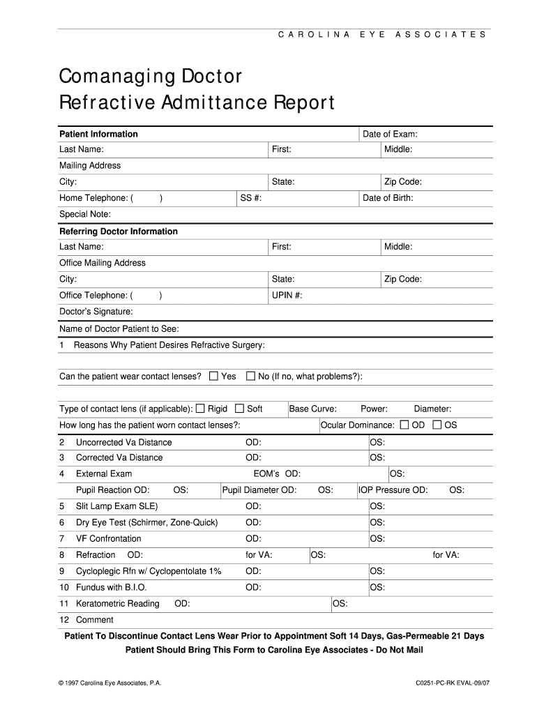 Fillable Online Comanaging Doctor Refractive Admittance Report Fax Email Print - pdfFiller