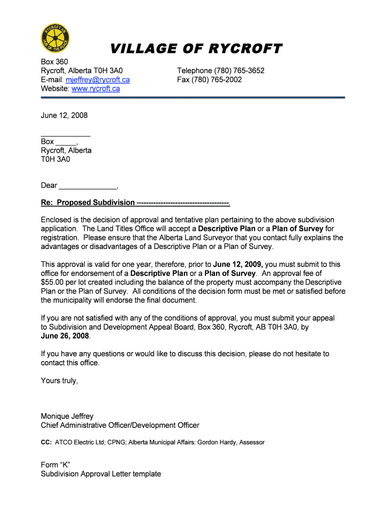 Fillable Online Form K Subdivision Approval Letter template - Village ...