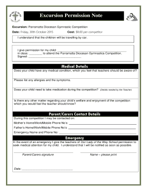 Fillable Online olowemuplains catholic edu Excursion Permission Note ...