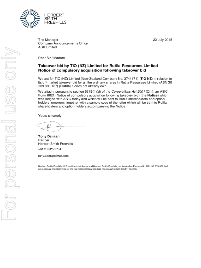 Fillable Online Notice of Compulsory Acquisition and Sample Letter Fax ...