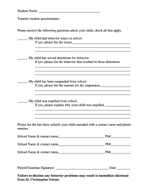 Fillable Online Transfer Student Behavior Form - St. Christopher ...