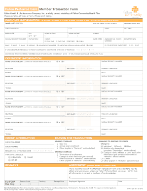 Fillable Online Fallon Preferred Care Member Transaction bFormb Fax ...