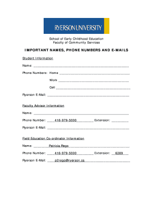Fillable Online www3 ryerson IMPORTANT NAMES PHONE NUMBERS AND E-MAILS ...