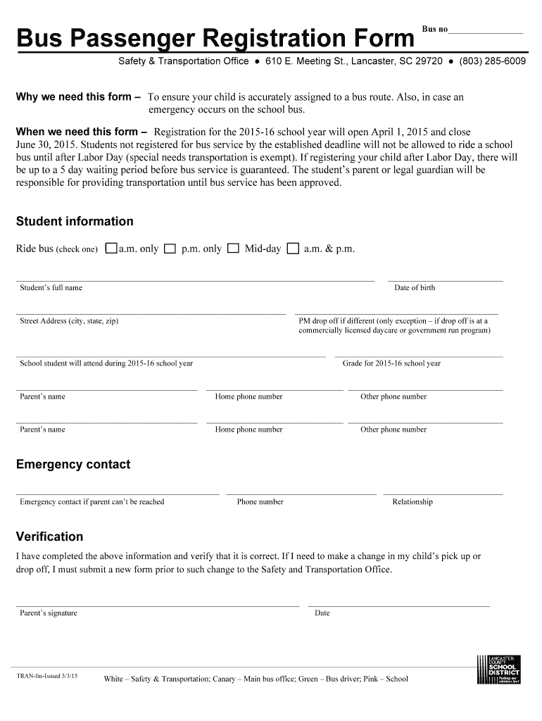 Fillable Online Bus Passenger Registration Form Bus no - Fax Email ...