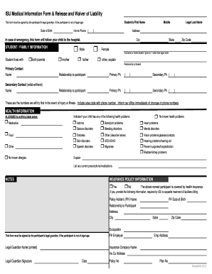 Fillable Online isek iastate ISU Medical Information Form amp Release ...