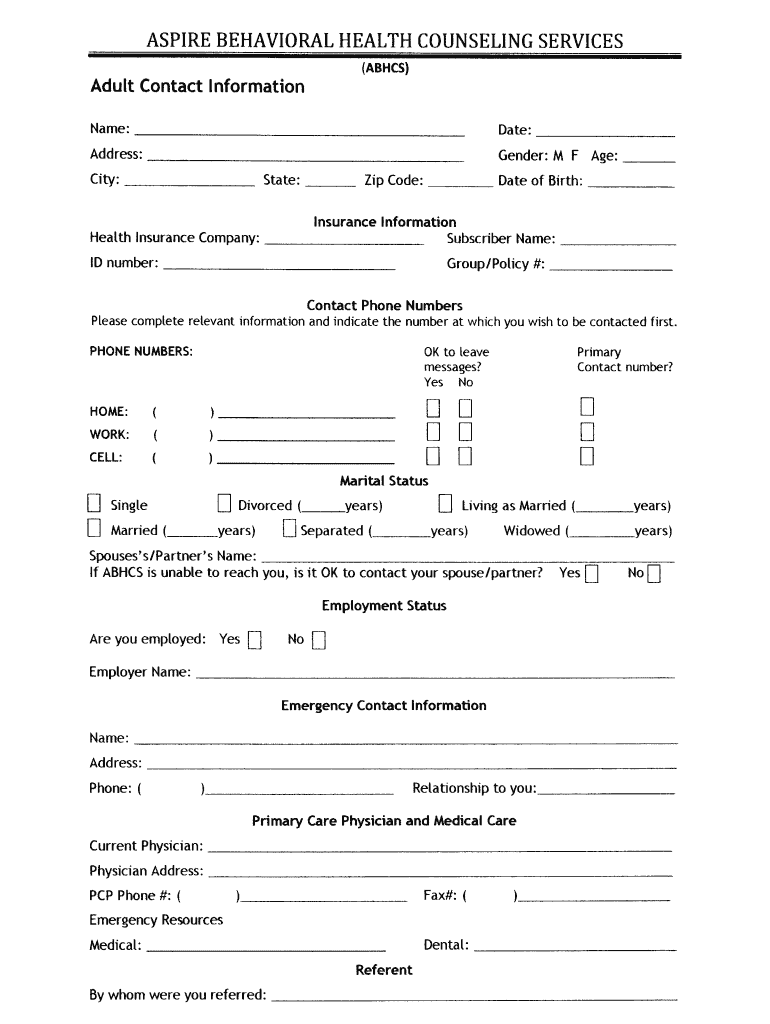 Fillable Online Adult Client Psychotherapy Intake Form - Aspire ...