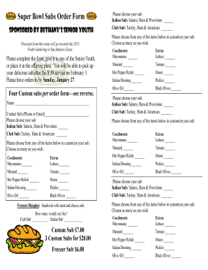 Fillable Online bethany-lcms Super Bowl Subs Order Form Italian Sub ...