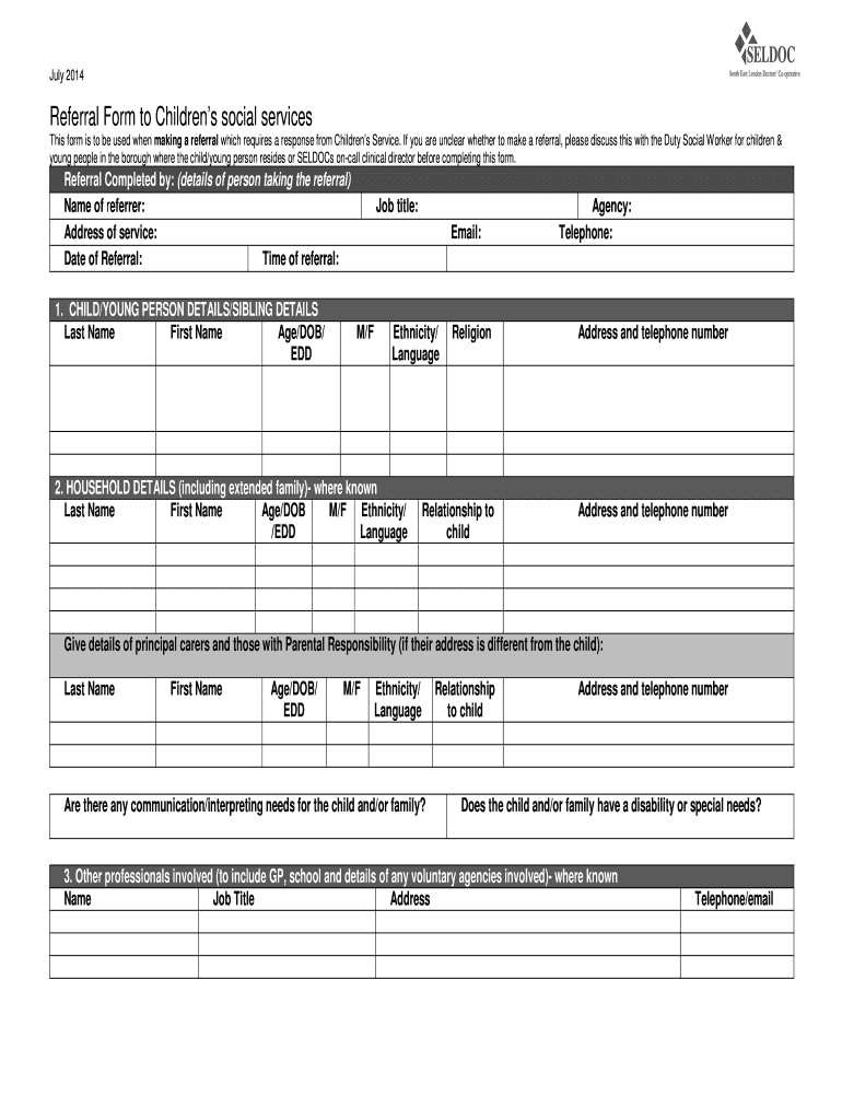 Fillable Online seldoc co Referral Form to Childrens social services ...