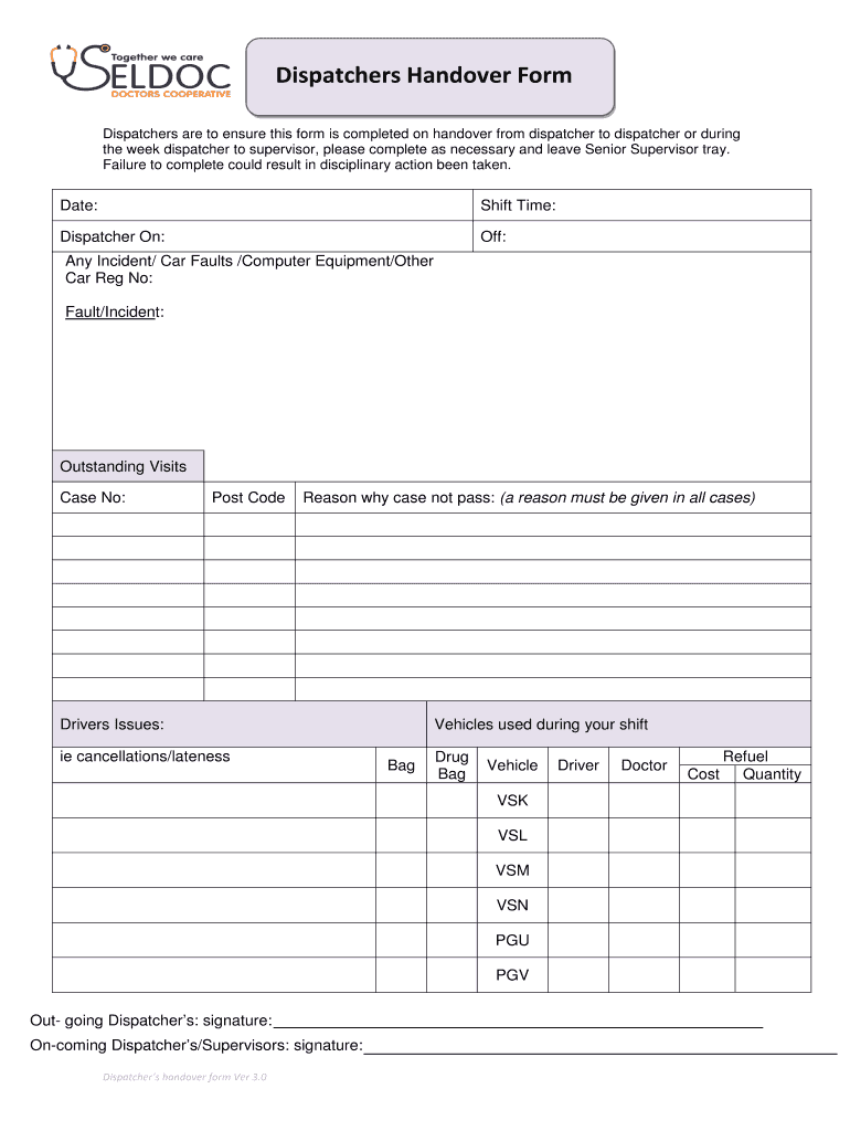 Fillable Online seldoc co Dispatchers Handover Form - Home SELDOC ...