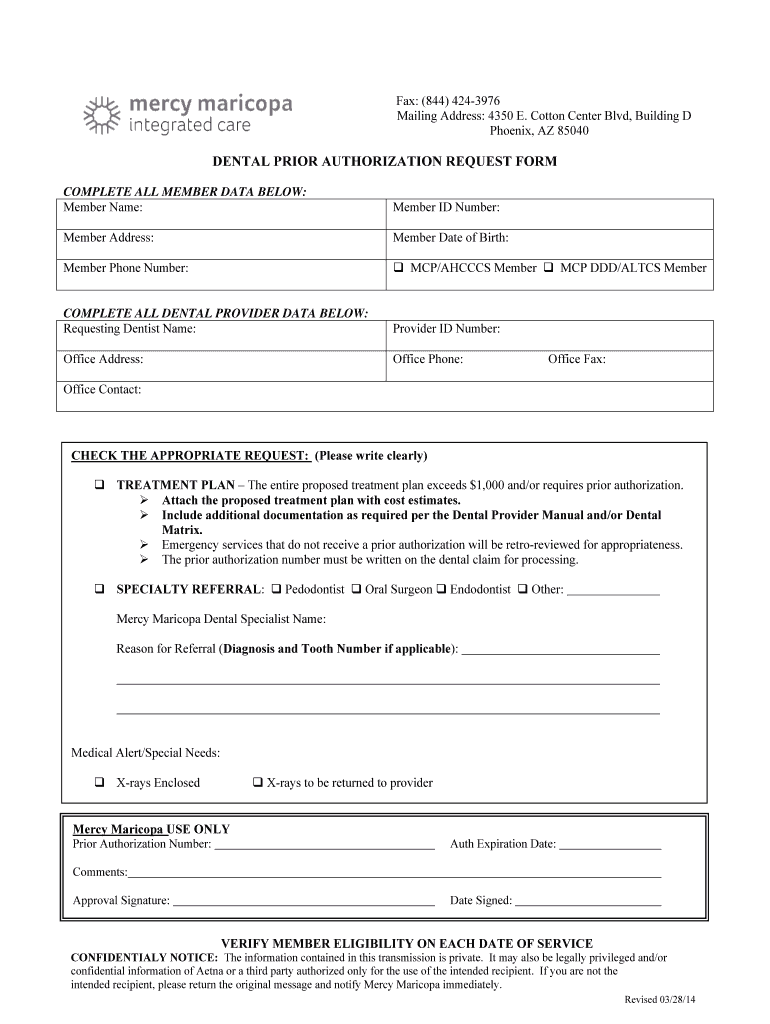 Fillable Online mercymaricopaadvantage Dental Prior Auth Form ...